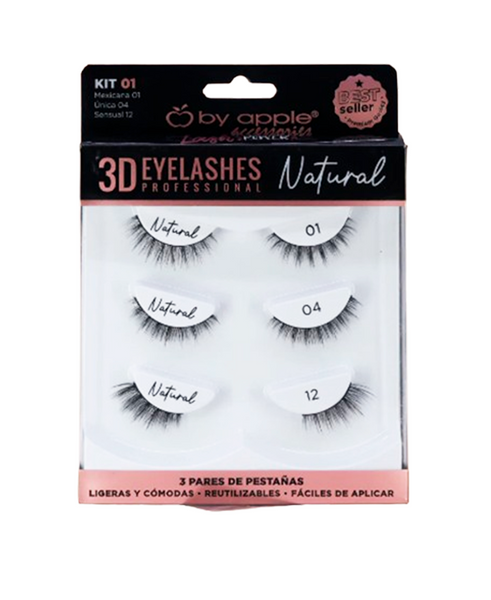 BY APPLE 3D EYELASHES NATURALES KIT 01 ( 01 MEXICANA, 04 UNICA, 12 SEN ...
